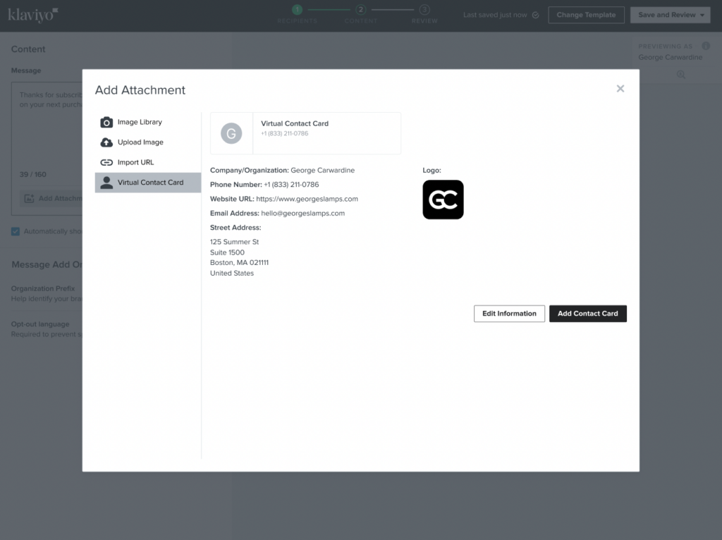 Text with virtual contact cards | Klaviyo Product Features