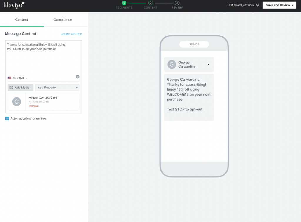 Text with virtual contact cards | Klaviyo Product Features