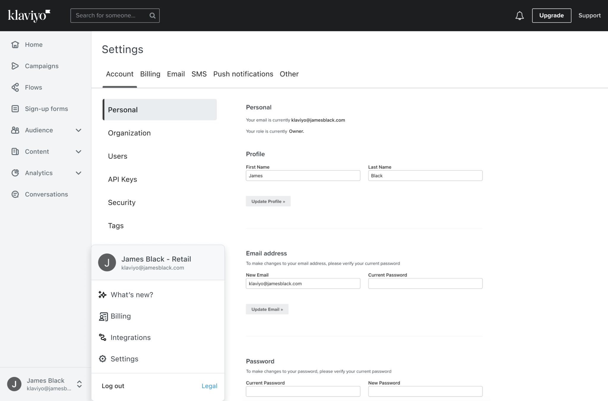 Revamped Settings Page | Klaviyo Product Features